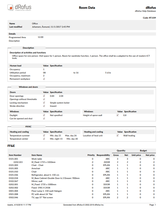 Deprecated Room Data for Room Template PDF Report